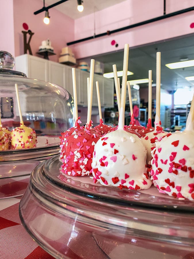 Heart Sprinkles on Cake Pops in Bakery Stock Photo - Image of glass ...