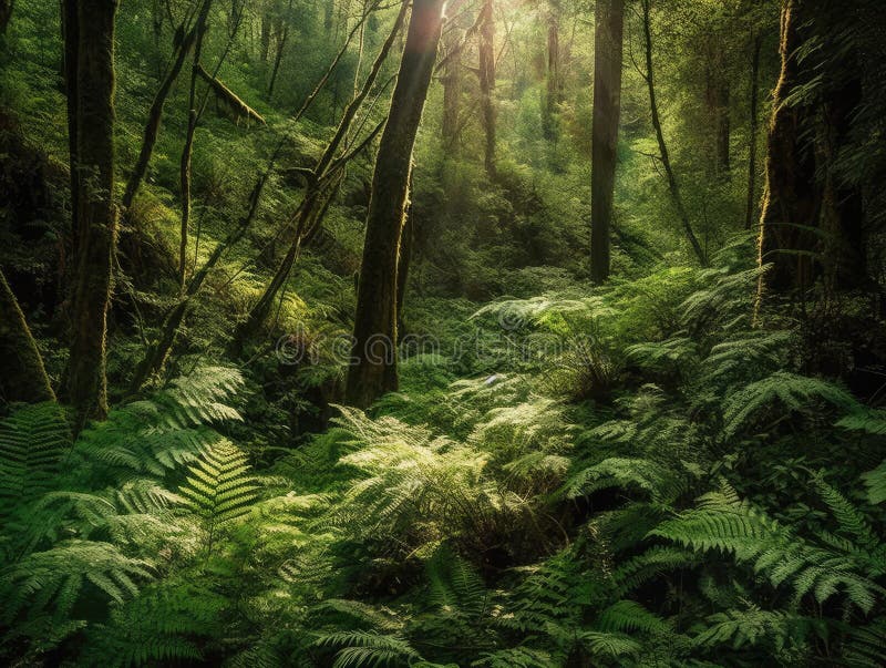 Forest Oasis Basks in Golden Sunshine Stock Illustration - Illustration ...