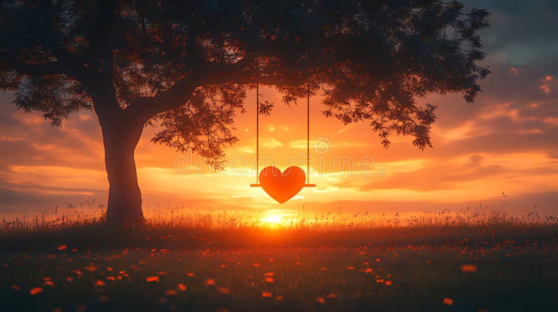 Heart Swing Sunset Field Romance Tree Love Stock Illustration ...