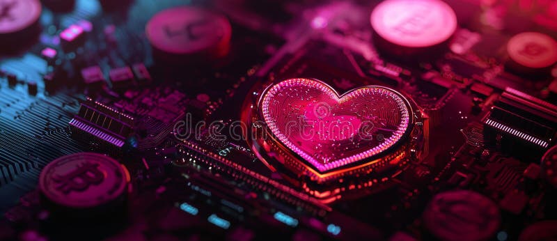 A Heart Symbol Illuminated on a Digital Chip, Surrounded by Coins ...
