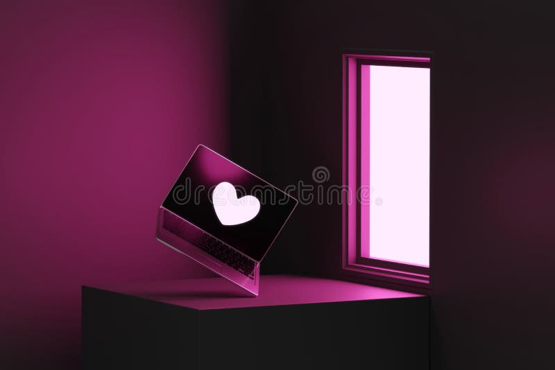 Heart Symbol and Laptop with Pink Window Light Concept 3d Rendering ...