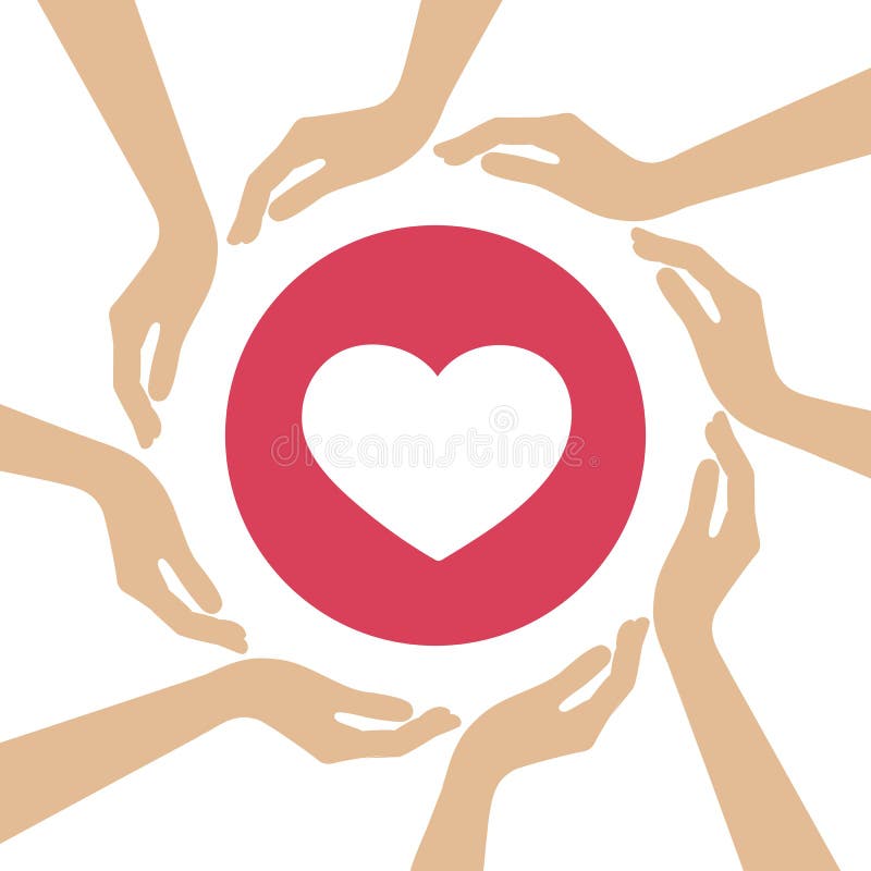 Red Heart in the Middle of Human Hands with Different Skin Color Stock ...