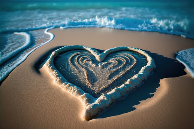 Heart Symbol on a Sand of Beach with Soft Blue Wave on Background ...