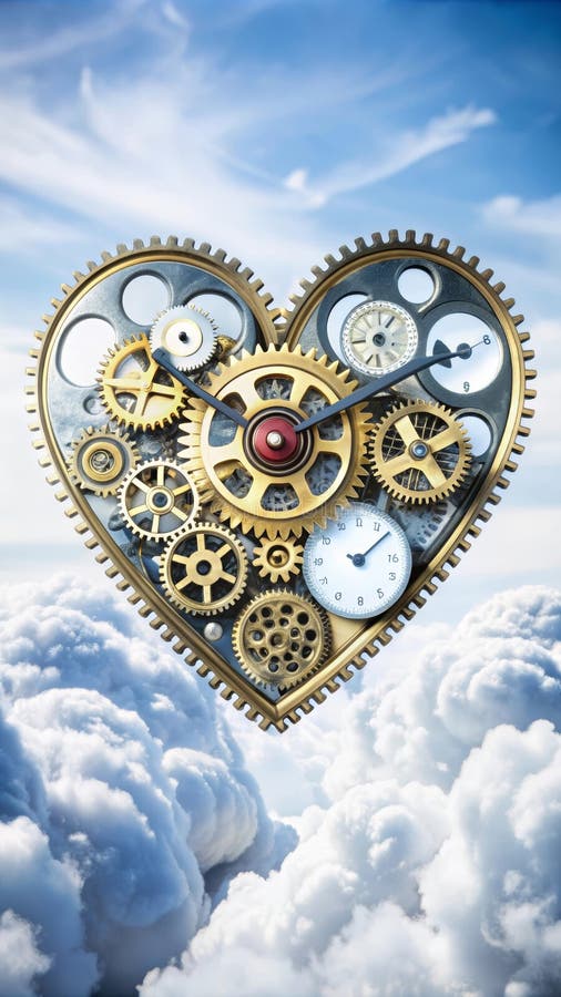 Heart of Time: Intricate Gears and Clocks in a Surreal Cloudscape Stock ...