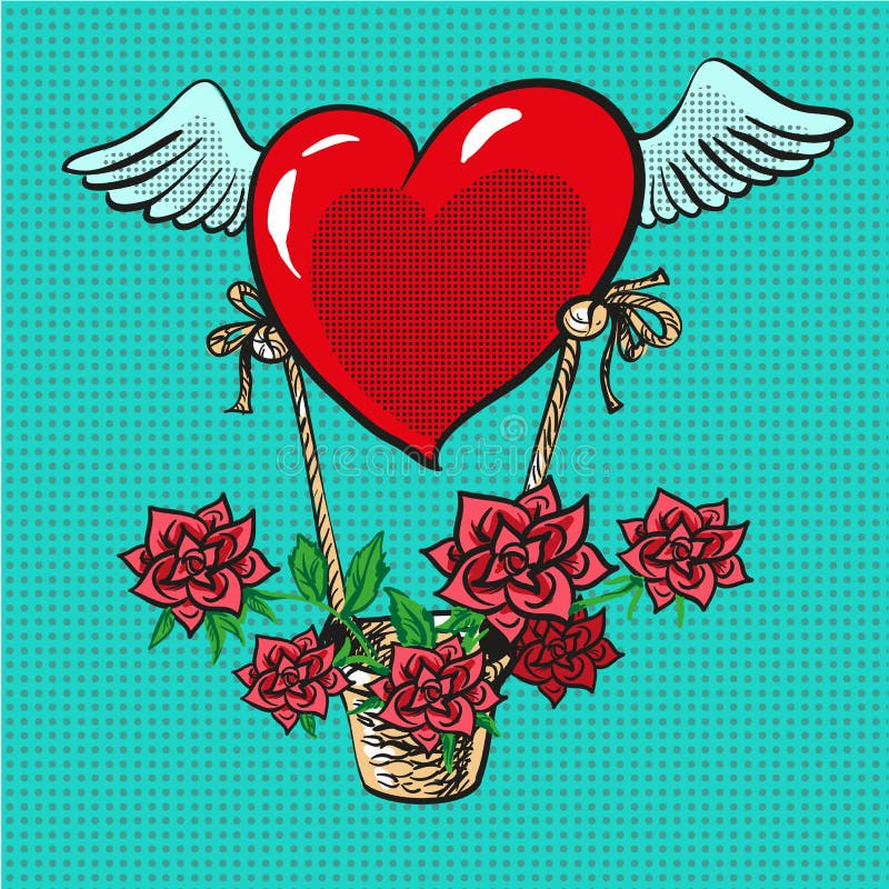 Heart with Wings Flying Roses Basket Pop Art Comic Vector Stock Vector ...