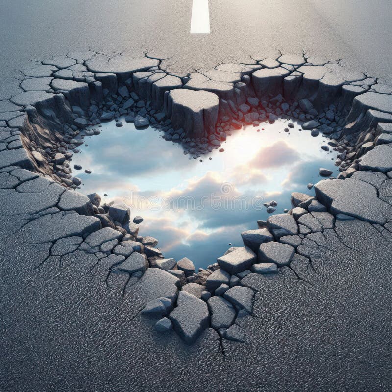 A Heartbreak-shaped Pit on the Road, Reflecting the Sky. Space for Text ...