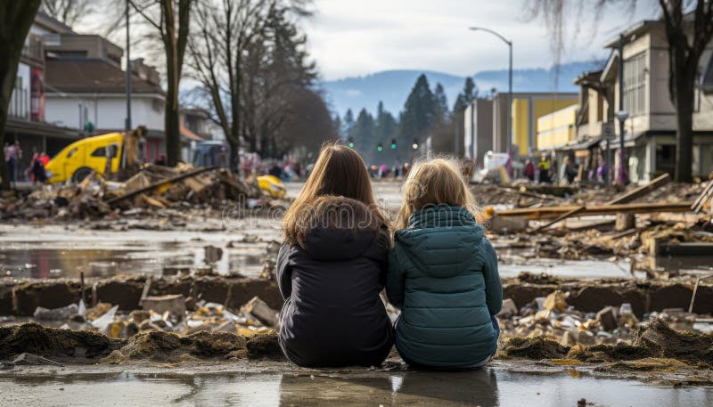 Heartbroken Woman and Child Observing the Aftermath of a Devastating ...