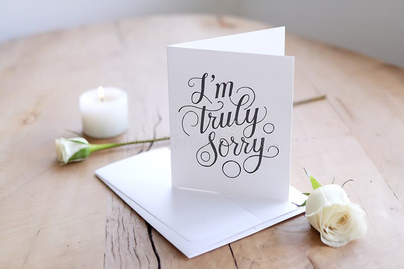 Apology Card with White Roses and Candle on Wooden Table Stock ...