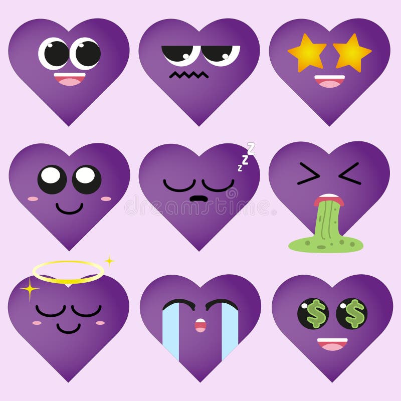 Set of Purple Vector Heart Emojis Stock Vector - Illustration of heart ...