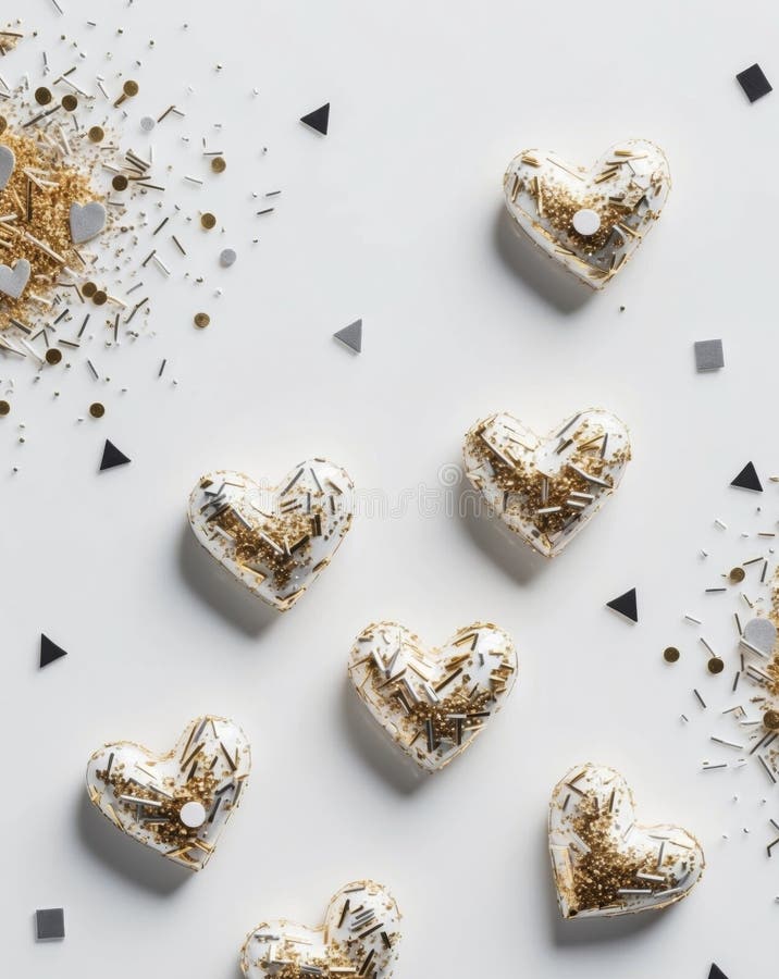 Hearts Adorned with Gold and Silver Sprinkles in Various Shapes. Stock ...