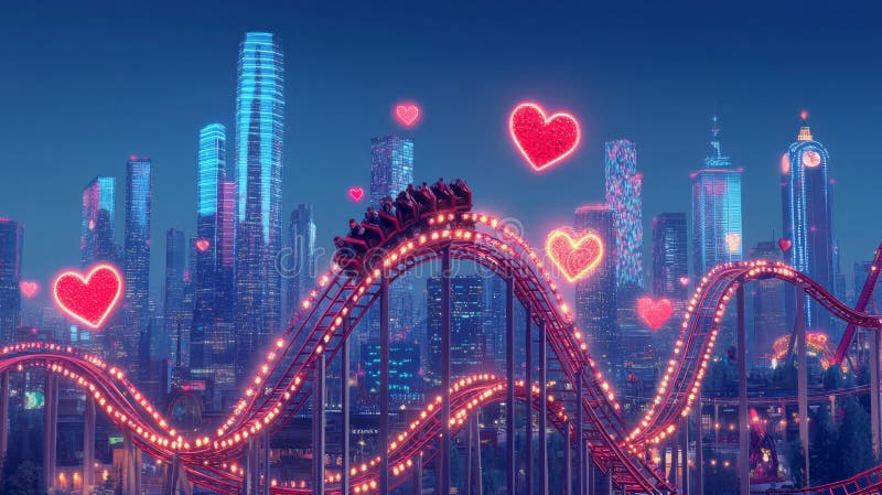 Hearts Aglow Ride a Rollercoaster Track Under the Night Sky Stock Photo ...