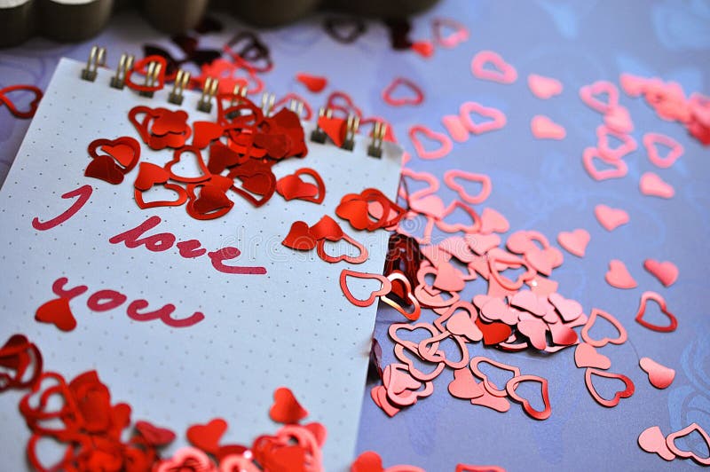 Handwritten I Love You in Notepad between Hearts Confetti Stock ...