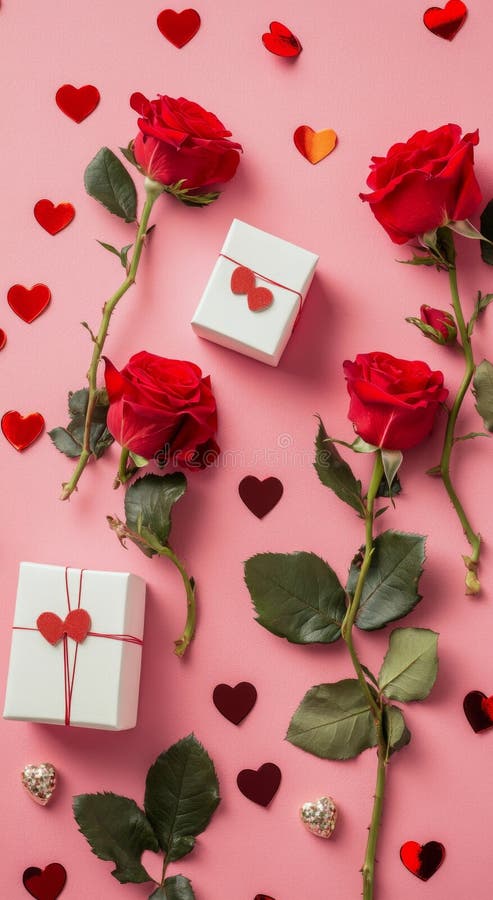 Hearts Confetti Red Roses Gift Set Against Background Stock Photos ...