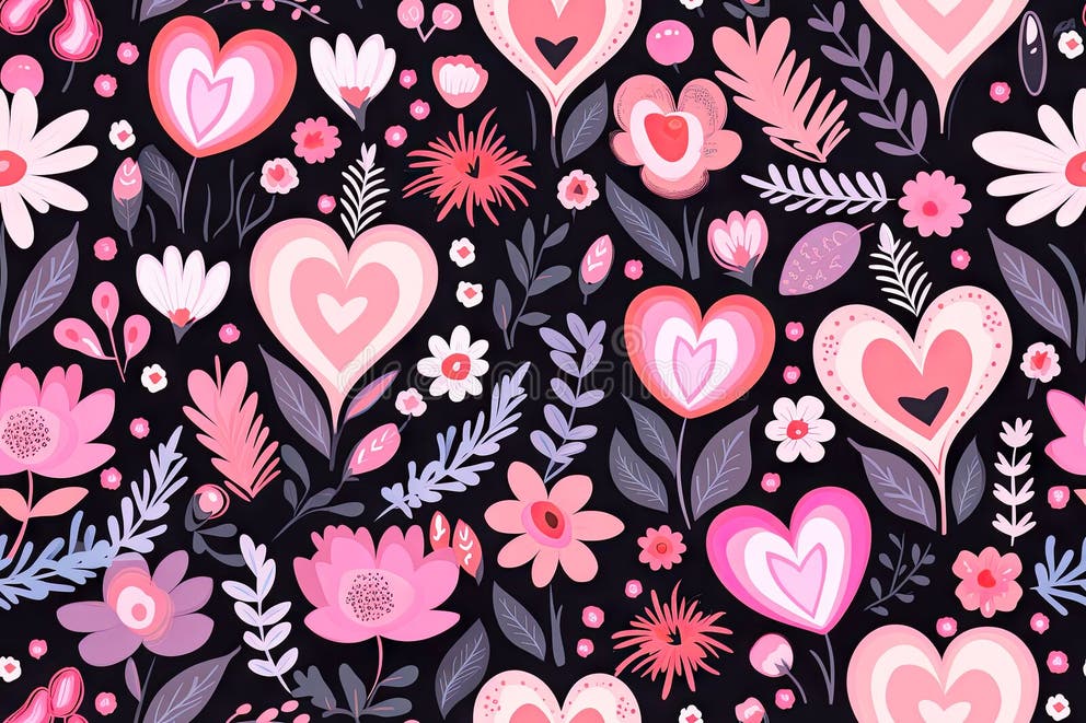 Hearts and Flowers Pattern on White Background Stock Image - Image of ...