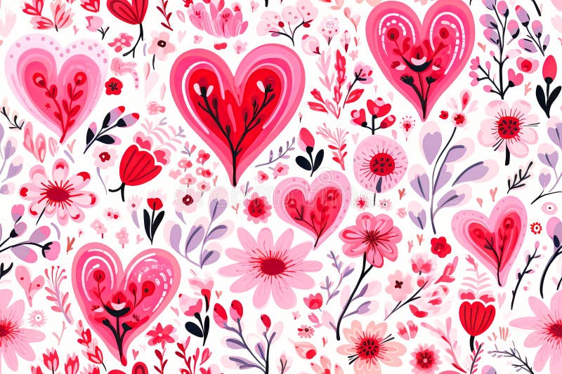 Hearts and Flowers Pattern on White Background Stock Image - Image of ...