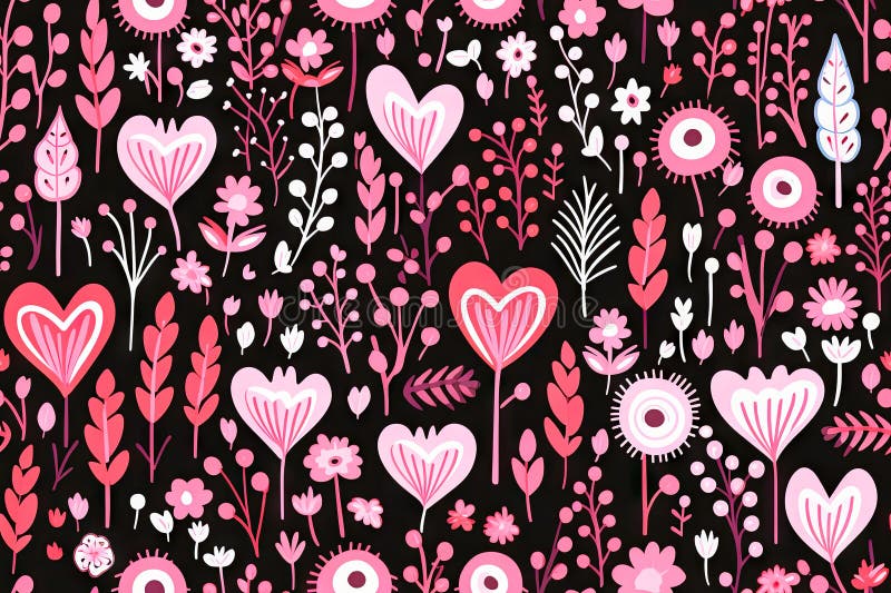 Hearts and Flowers Pattern on White Background Stock Image - Image of ...