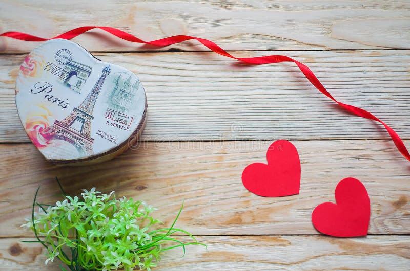 Hearts, Flowers, Ribbons on a Wooden Light Stock Photo - Image of retro ...