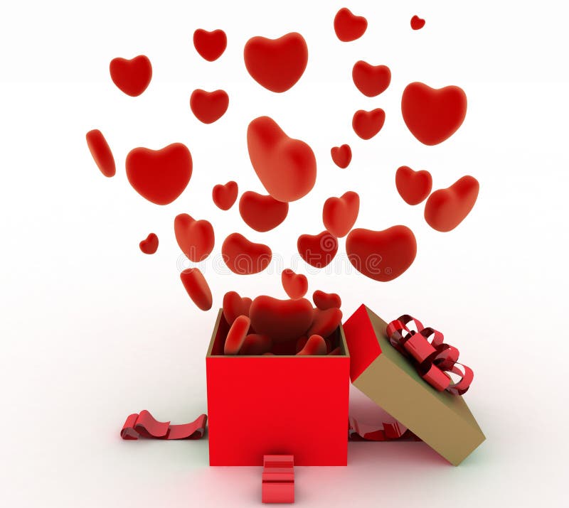Hearts Flying Out from 3D Heart Shaped Open Gift Box Set Stock Vector ...