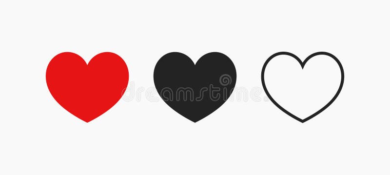 Hearts Icons Set. Red, Back and Outline Heart Stock Vector ...
