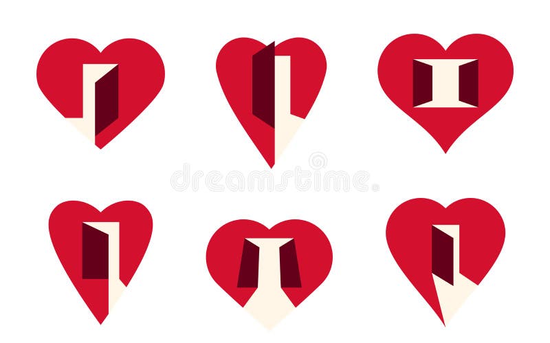 Hearts Open with Doors Vector Simple Icons or Logos Set, Graphic Design ...