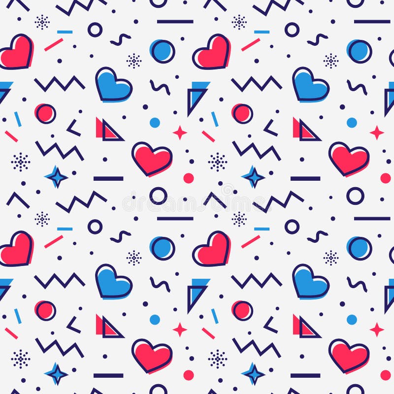 Trendy Seamless, Memphis Style Valentines Geometric Pattern, Vector ... Trendy Seamless, Memphis Style Valentines Geometric Pattern, Vector ...