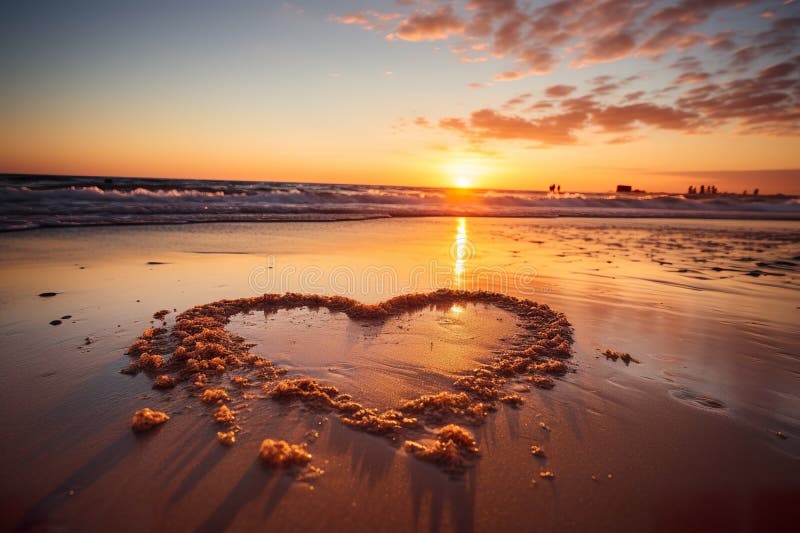 Hearts Shape in the Sand at the Beach of Sunset Warm Light. Stock Photo ...