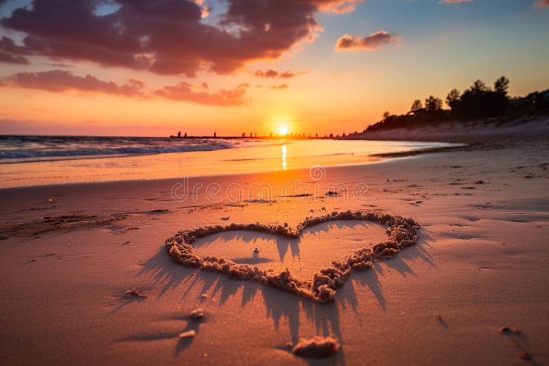 Hearts Shape in the Sand at the Beach of Sunset Warm Light. Stock Photo ...