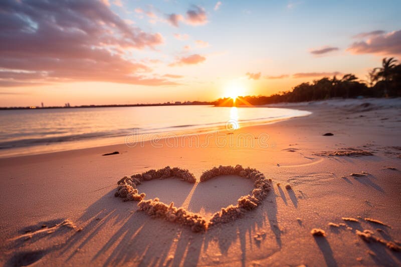 Hearts Shape in the Sand at the Beach of Sunset Warm Light. Stock ...