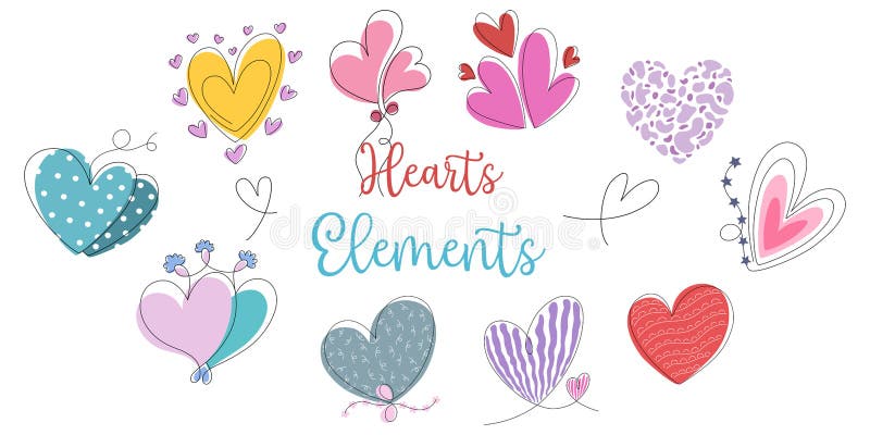 Hearts Shaped Elements Vector Set Designed in Doodle Style Stock Vector ...