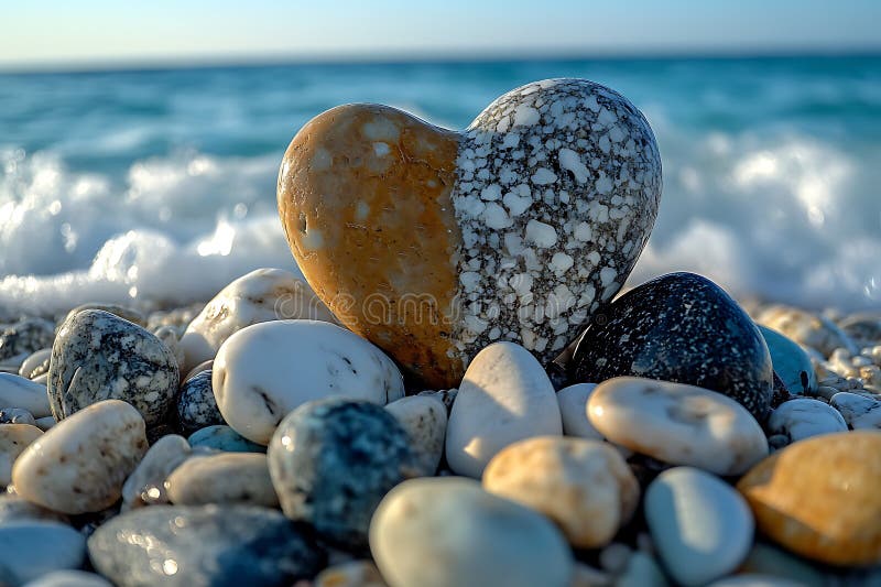 HeartShaped Rock among Smooth Pebbles, Ocean Backdrop, Beach Setting ...
