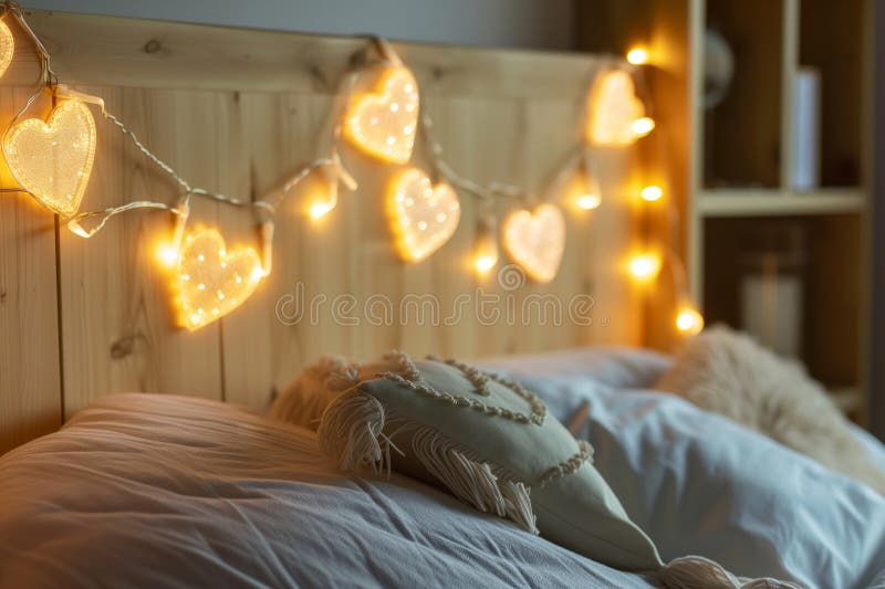 Heartshaped String Lights Draped Over a Bed Headboard Stock Photo ...