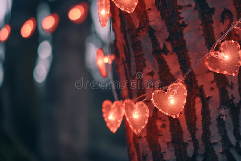 Heartshaped String Lights Wrapped Around a Tree Stock Photo - Image of ...