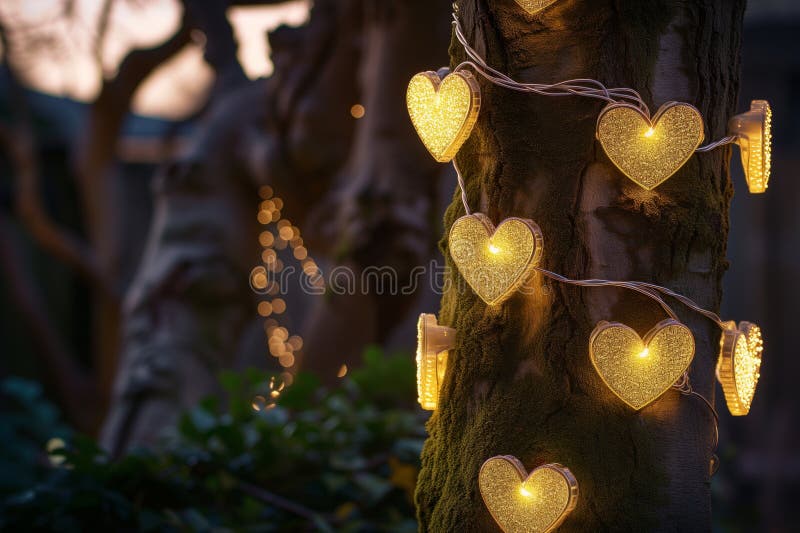 Heartshaped String Lights Wrapped Around a Tree Stock Image - Image of ...