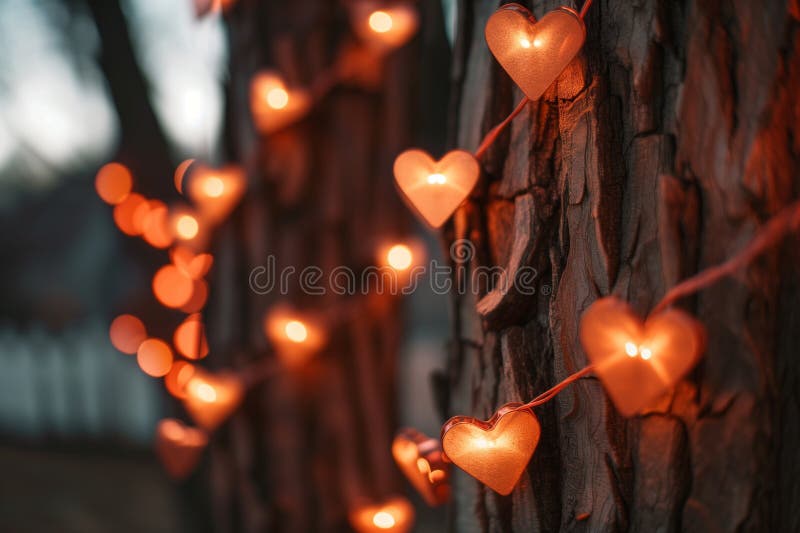 Heartshaped String Lights Wrapped Around a Tree Stock Photo - Image of ...