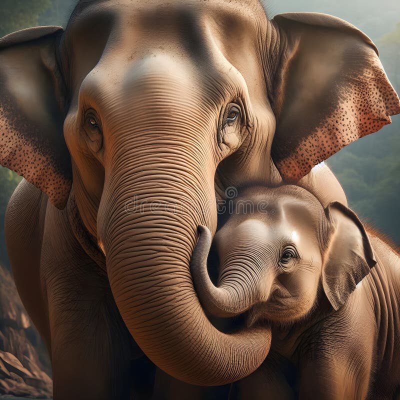 A Heartwarming AI-generated Image of a Large Elephant Embracing a Small Calf with Its Trunk ...