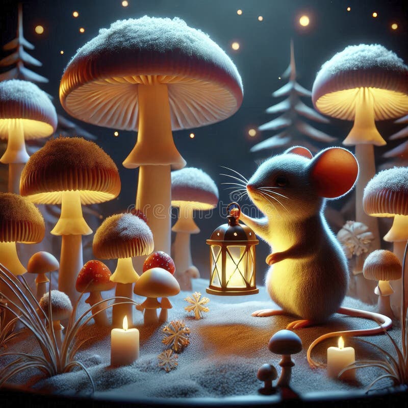 Winter Adventure of a Mouse Walking with Lantern through Forest of ...