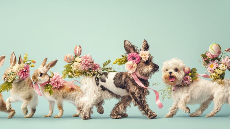 Heartwarming Easter Parade Scene, Pets with Flowers and Ribbons ...