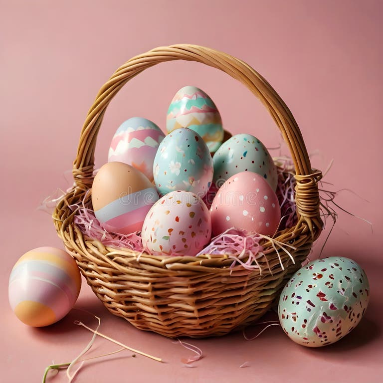 A Heartwarming Easter Scene a Woven Basket Overflowing with Gently Colored and Patterned Eggs on ...