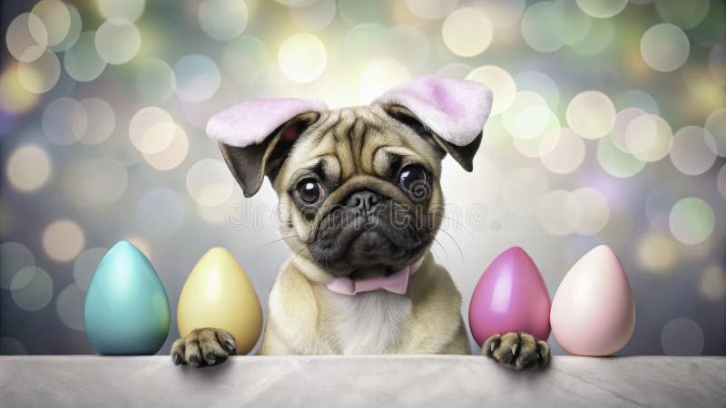 Adorable Pug Puppy with Easter Bunny Ears Holds a Colorful Easter Egg a ...