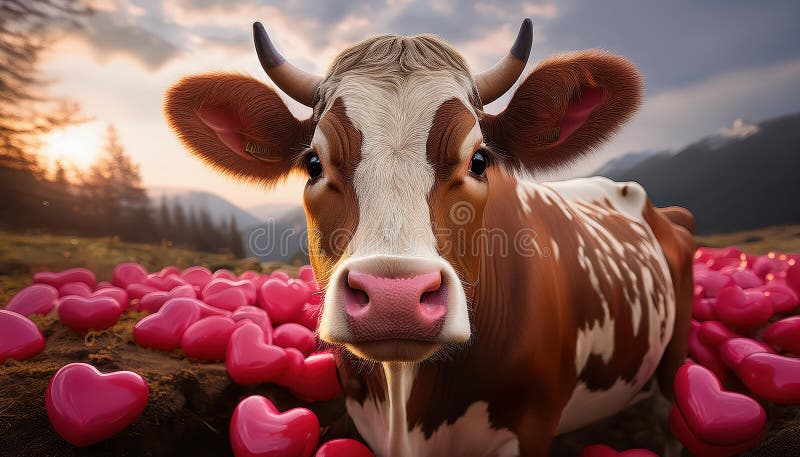 Valentines Cow a Heartwarming Scene of a Red Cow Amidst Blooming Roses ...