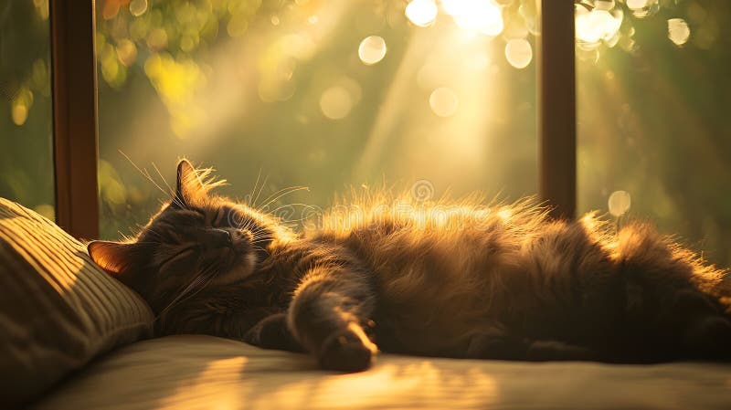 Serene Cat Napping in Golden Sunlight Window View AI Generated. Stock ...