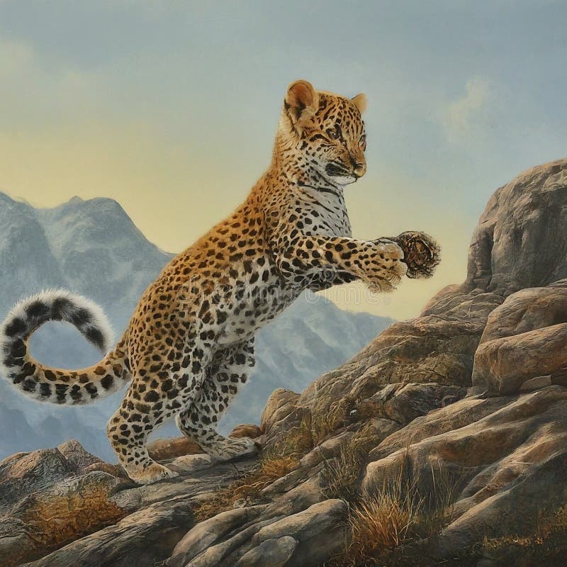 Playful Leopard Cub: a Moment of Joy in the Mountains Stock ...