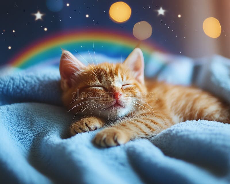 A Heartwarming Image of a Sleepy Kitten Dreaming Beneath a Starry Night ...