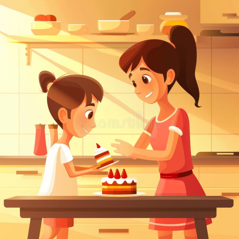 Heartwarming Moment of Mother and Daughter Sharing Cake in Inviting and ...