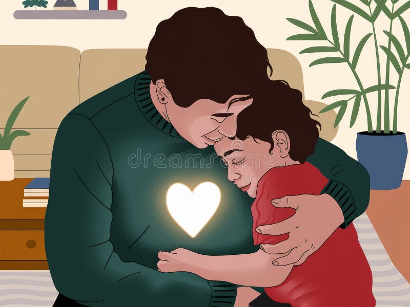 Heartwarming Parent-child Hug with Glowing Heart Symbol in Cozy Home ...