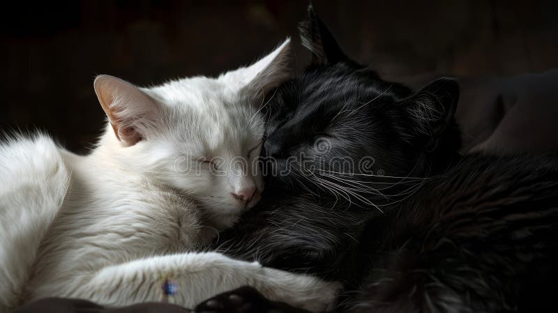 Heartwarming Scene of a Black and White Cat Cuddling Together on a Dark ...