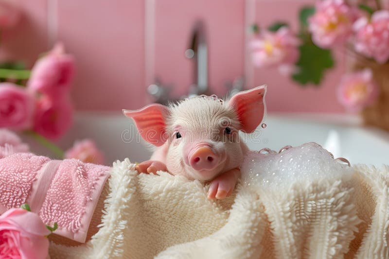A Cute Piglet Enjoys a Bubbly Bath, Surrounded by Pink Towels and Blue ...