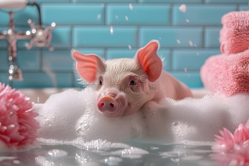 A Cute Piglet Enjoys a Bubbly Bath, Surrounded by Pink Towels and Blue ...