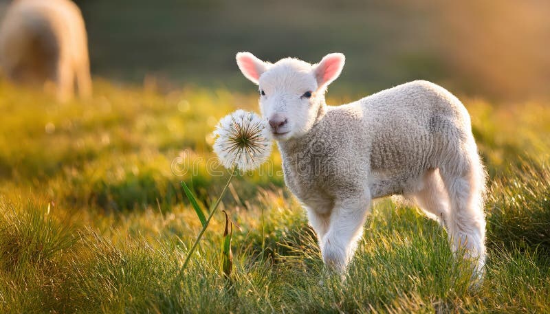 Cute Lamb Sniffing a Flower in a Springtime Meadow a Blissful Moment ...