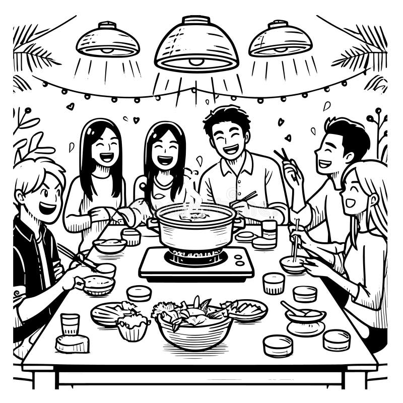 A Heartwarming Scene of a Festive Shabu-shabu Party Stock Illustration ...